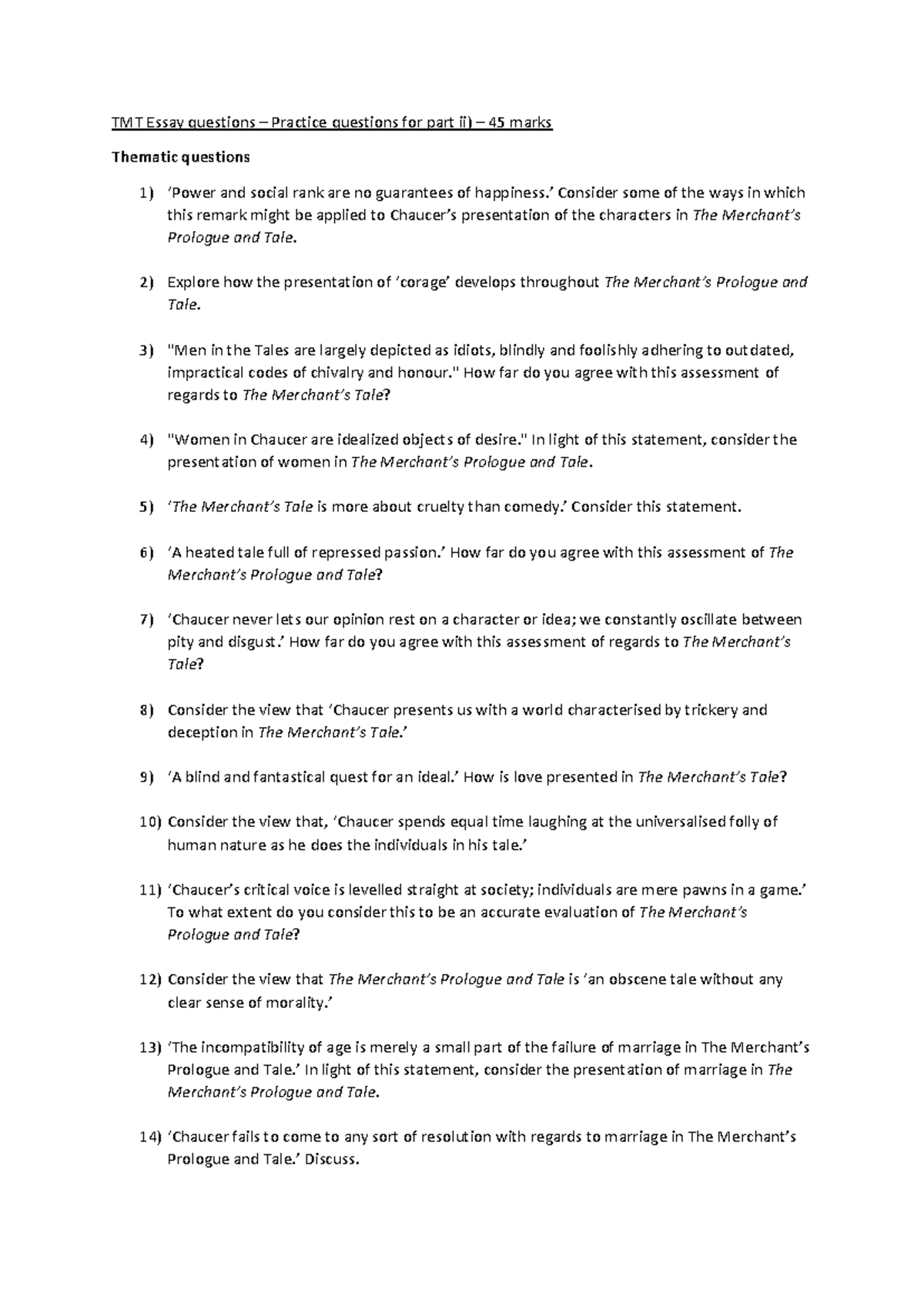 Chaucer TMT Practice Essay Questions for Part II – 45 Marks - Studocu