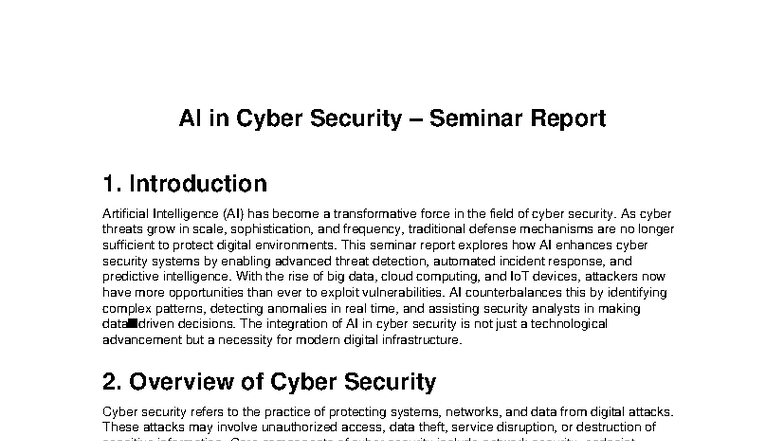 AI in Cyber Security: Seminar Report on Modern Threat Defense - Studocu