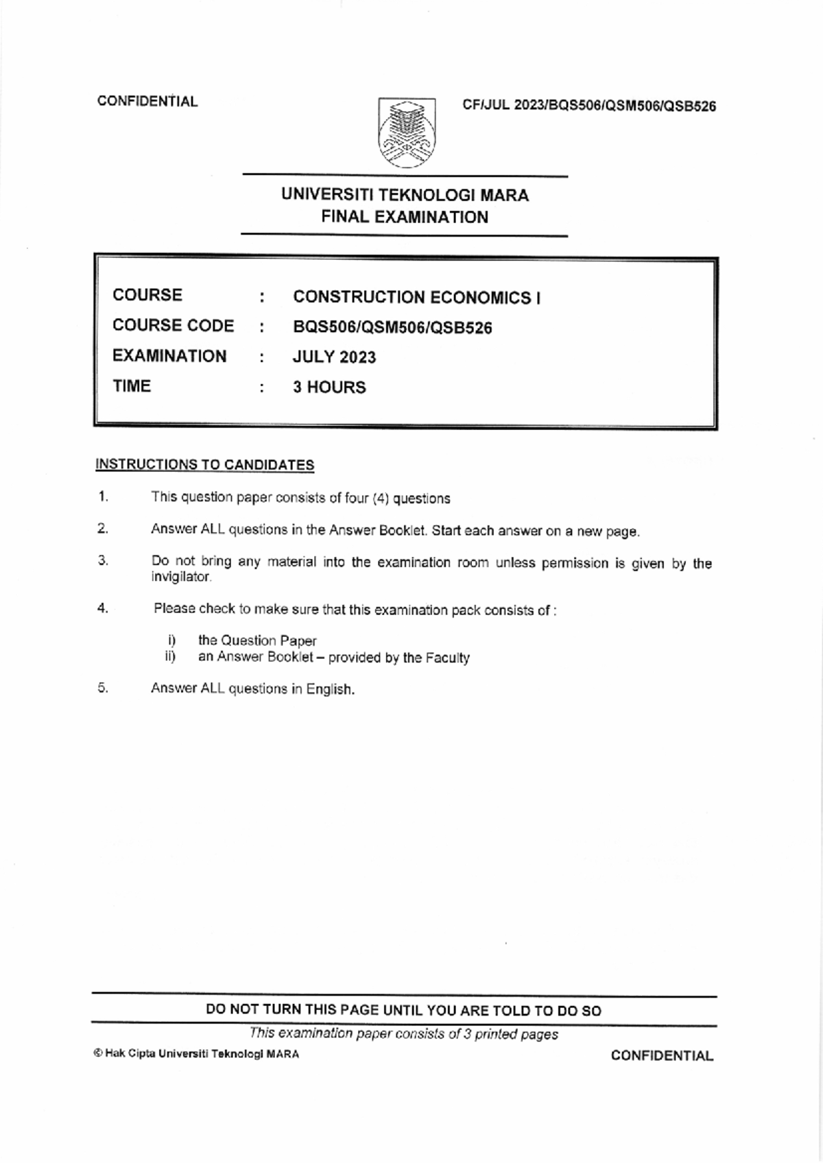 JULY 2023 - Exam paper - CONFIDENTIAL UNIVERSITI TEKNOLOGI MARA FINAL EXAMINATION COURSE : - Studocu