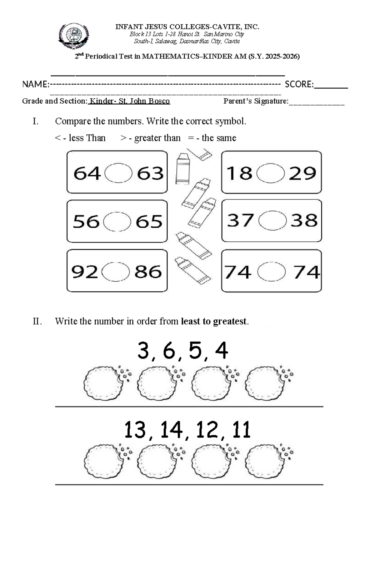 3rd Monthly Test Kinder - MATH AM SY - INFANT JESUS COLLEGES-CAVITE ...