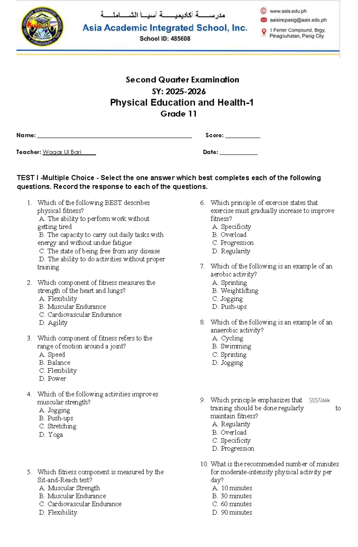 Final Exam: PE-1 - 2nd Quarter Exam for Grade 11 (TD-110) - Studocu