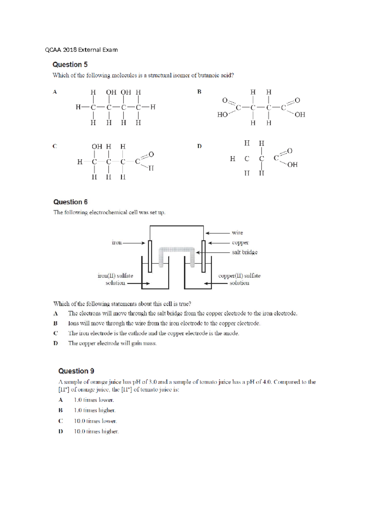 QCAA 2018 External Exam Prep: Chemistry Concepts & Questions - Studocu