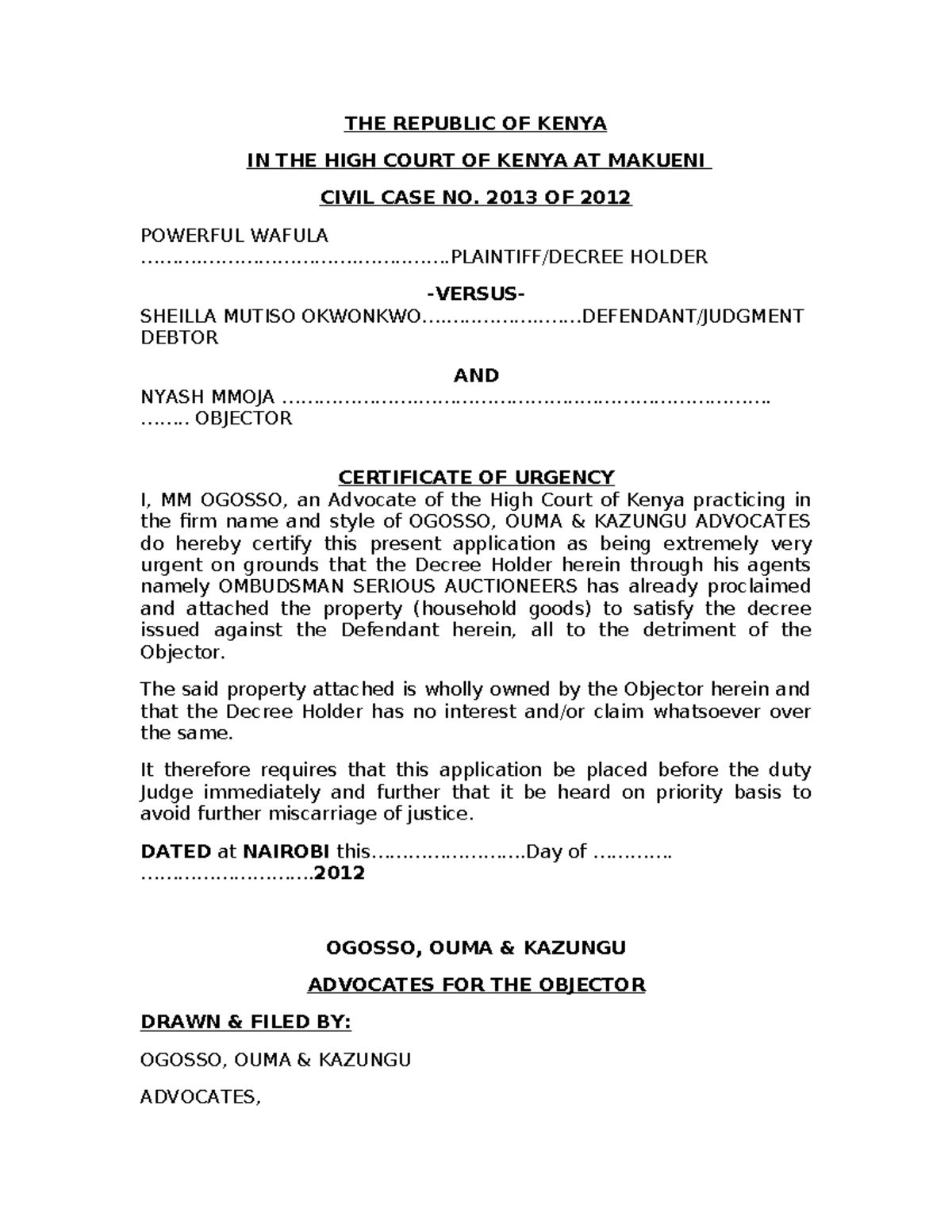 Objection Proceedings in Civil Case No. 2013 of 2012 in Kenya - Studocu