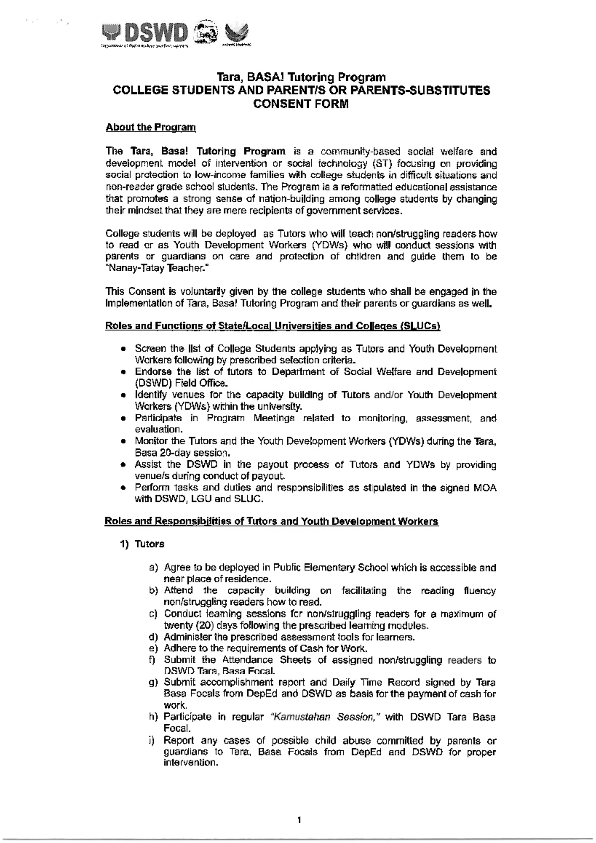41174 TARA BASA Tutoring Program Consent Form for Students & Parents ...