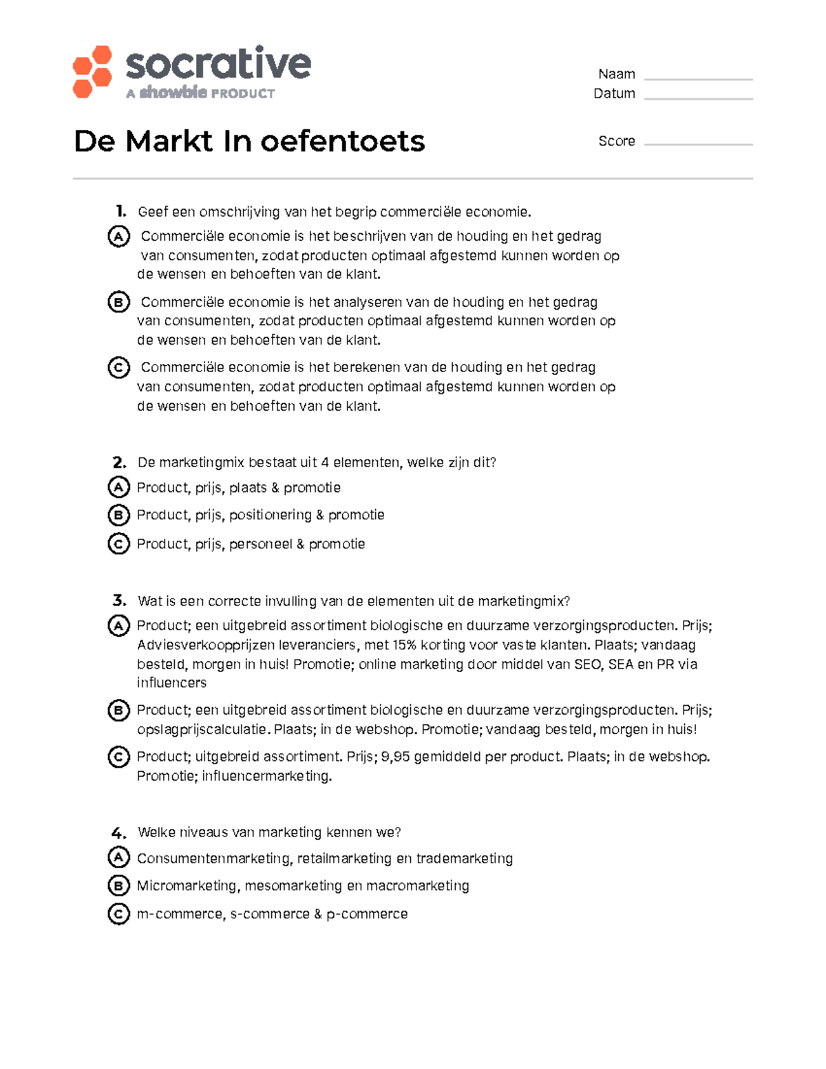 Quiz De Markt In Oefentoets - Commerciële Economie - Studeersnel