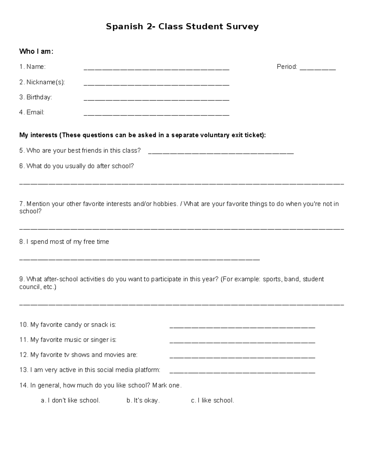 Student Survey - Spanish 2 (Span 2) - Studocu