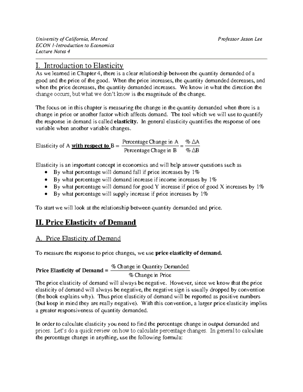 ECON 1: Elasticity Concepts and Calculations Lecture Notes - Studocu