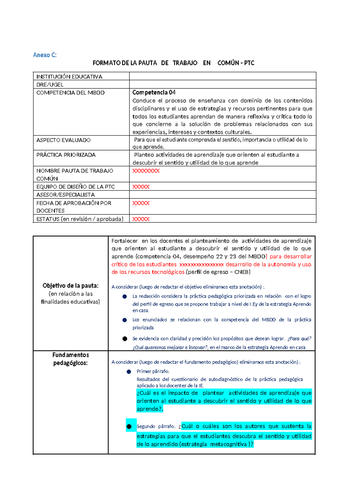 Grupo 2 - Formato de Pauta de Trabajo Común en la PTC Micaela Bastidas ...