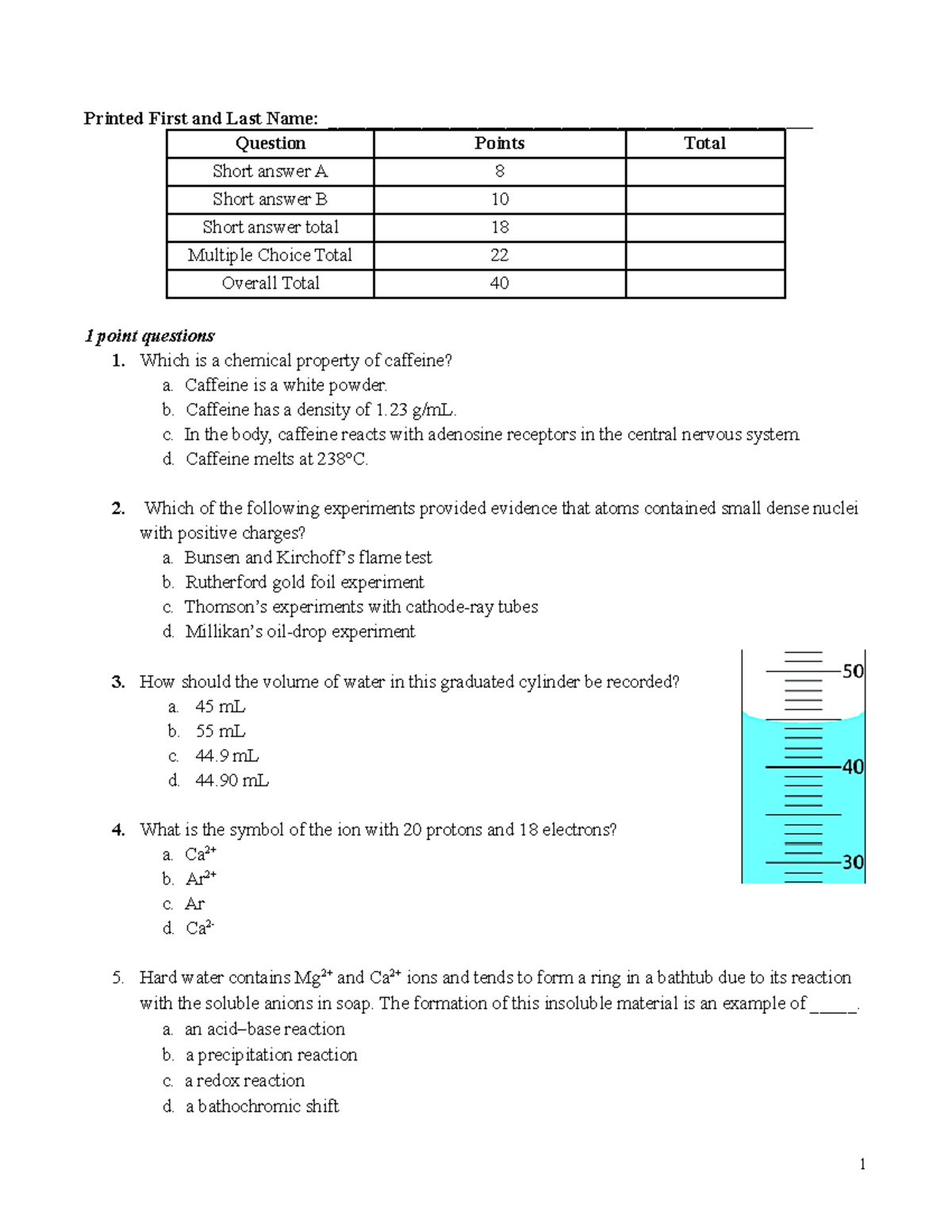Copy of Old Exam 1 (CHEM101) - Short Answer & Multiple Choice Questions ...