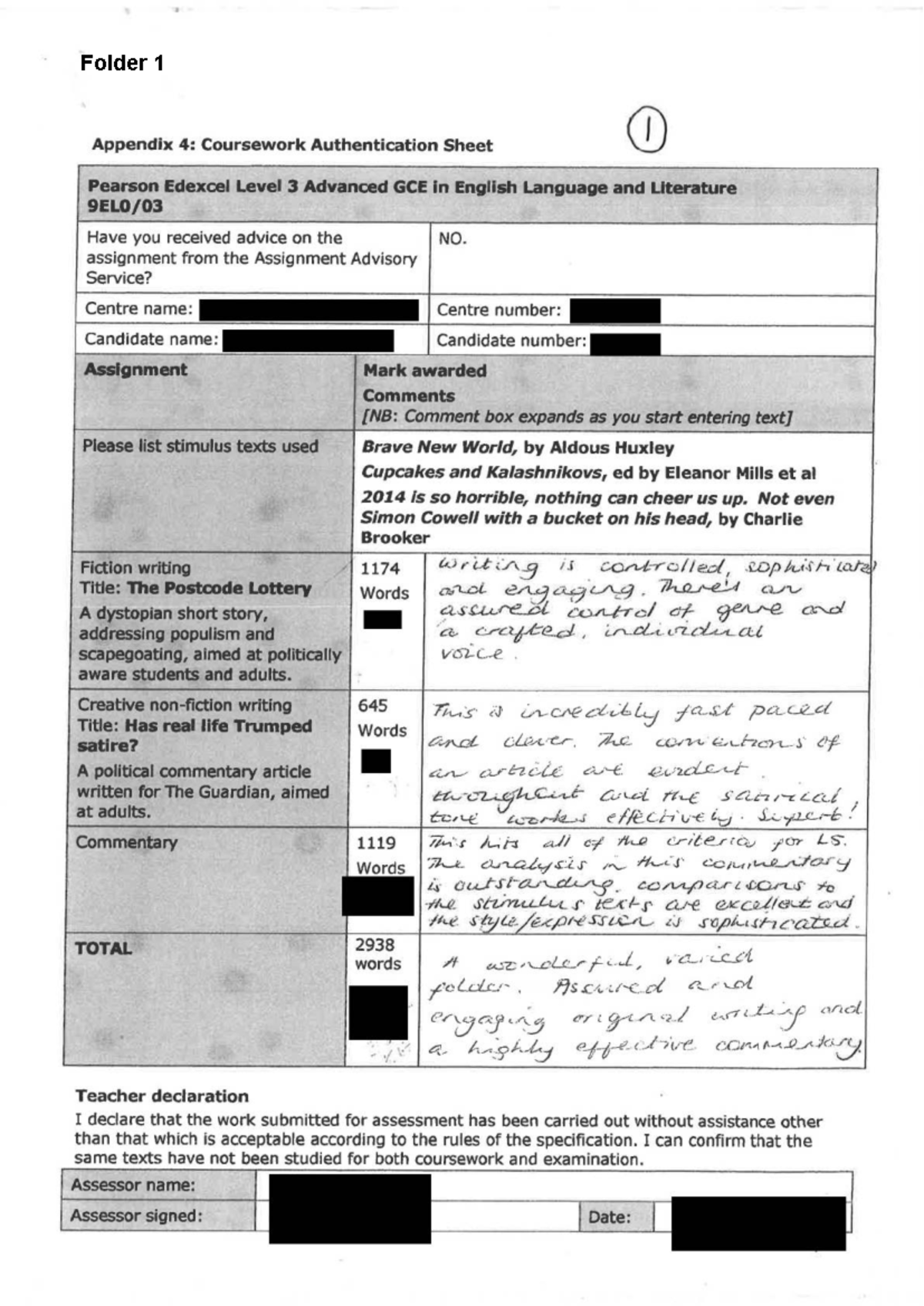 Coursework Authentication Sheet: Pearson Edexcel Level 3 English ...