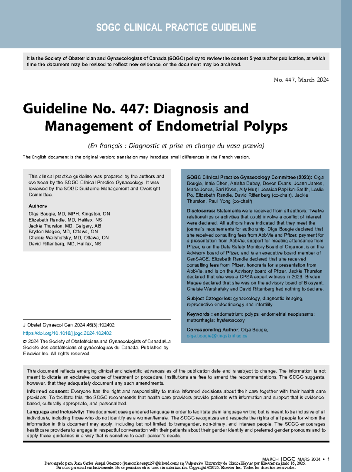 SOGC CLINICAL PRACTICE GUIDELINE: Diagnosis & Management of Endometrial ...