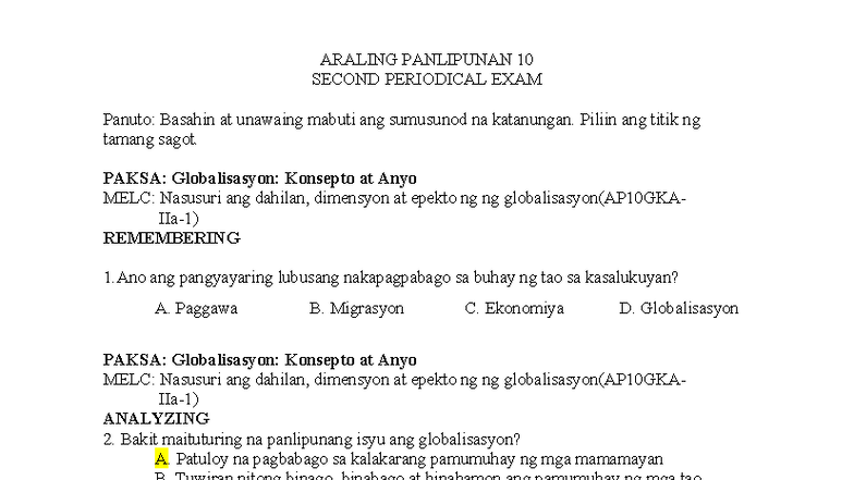 AP 10 2ND PERIODICAL EXAM: Globalisasyon at Mga Isyu sa Paggawa - Studocu
