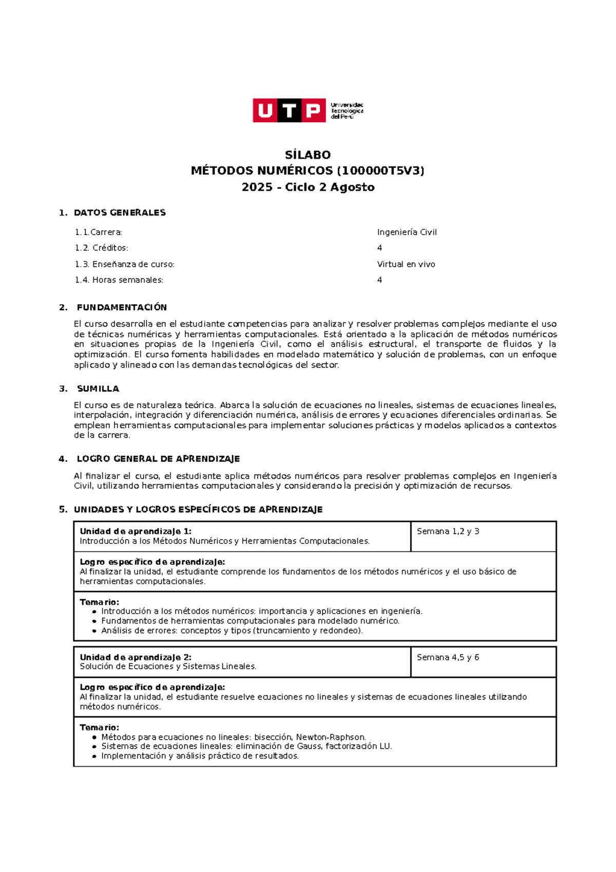 Sílabo de Métodos Numéricos 2025 - Ingeniería Civil Ciclo 2 - Studocu