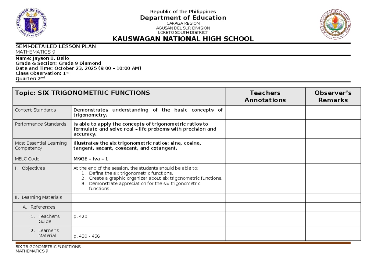 Mathematics 9 Lesson Plan: Six Trigonometric Functions - Studocu