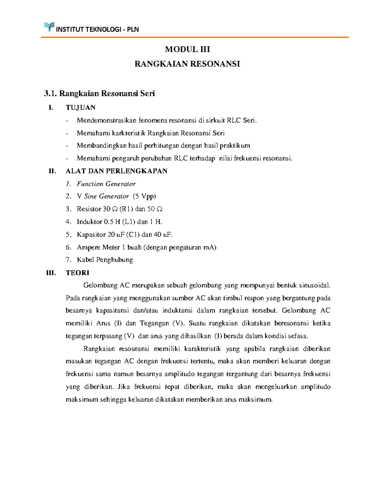 Modul III: Rangkaian Resonansi Seri & Paralel - Eksperimen RLC - Studocu
