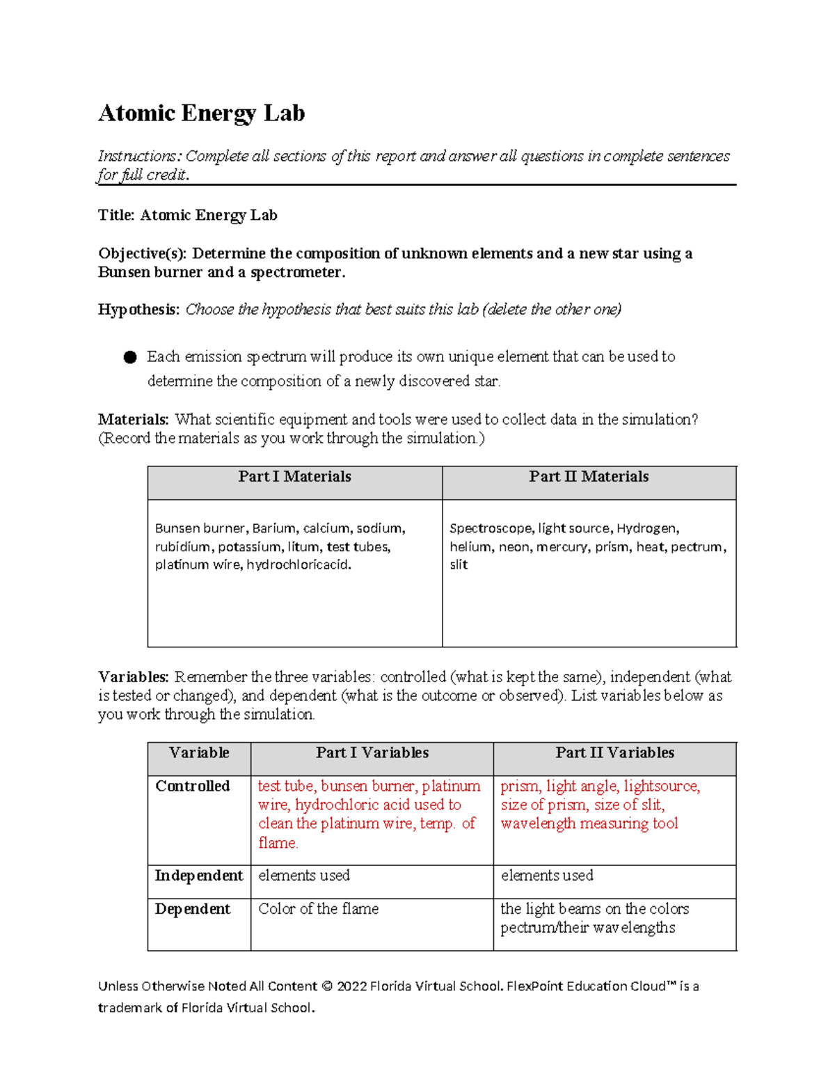 Atomic Energy Lab - Answer Key & Results (Lab #CHEM101) - Studocu
