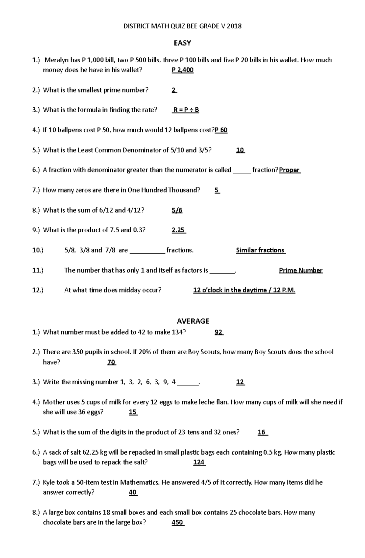 District MATH QUIZ BEE Grade V 2018: Easy to Difficult Questions - Studocu