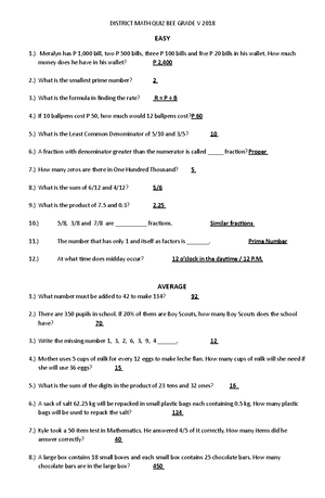 District MATH QUIZ BEE Grade VI 2018 - DISTRICT MATH QUIZ BEE GRADE VI ...