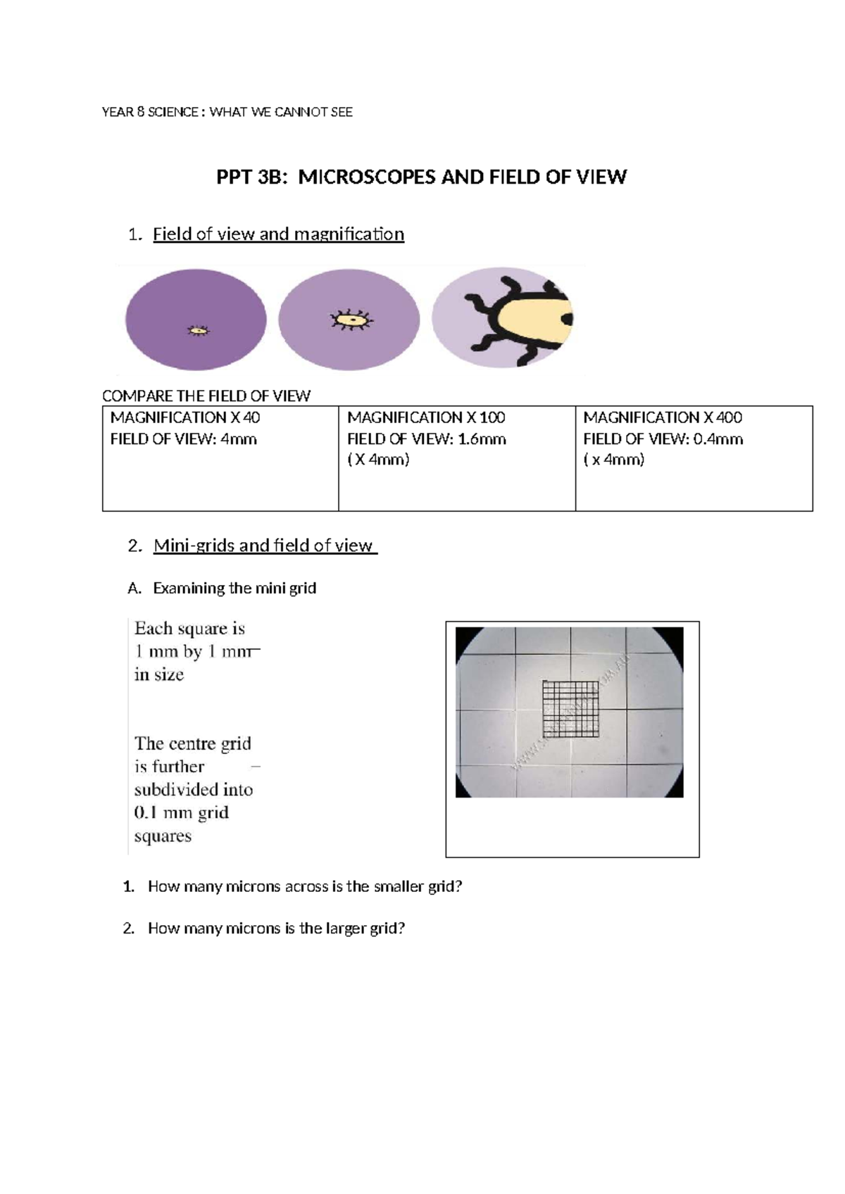 YEAR 8 SCIENCE: MICROSCOPES & FIELD OF VIEW PPT 3B - Studocu