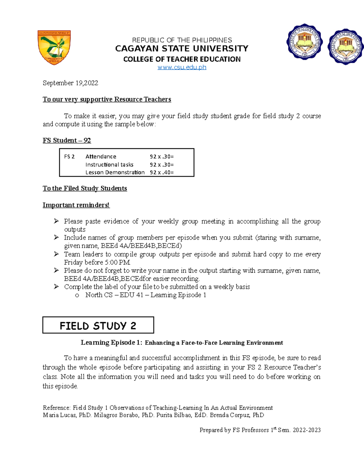 Learning Episode 1 FS2 - FS1 - CAGAYAN STATE UNIVERSITY COLLEGE OF ...
