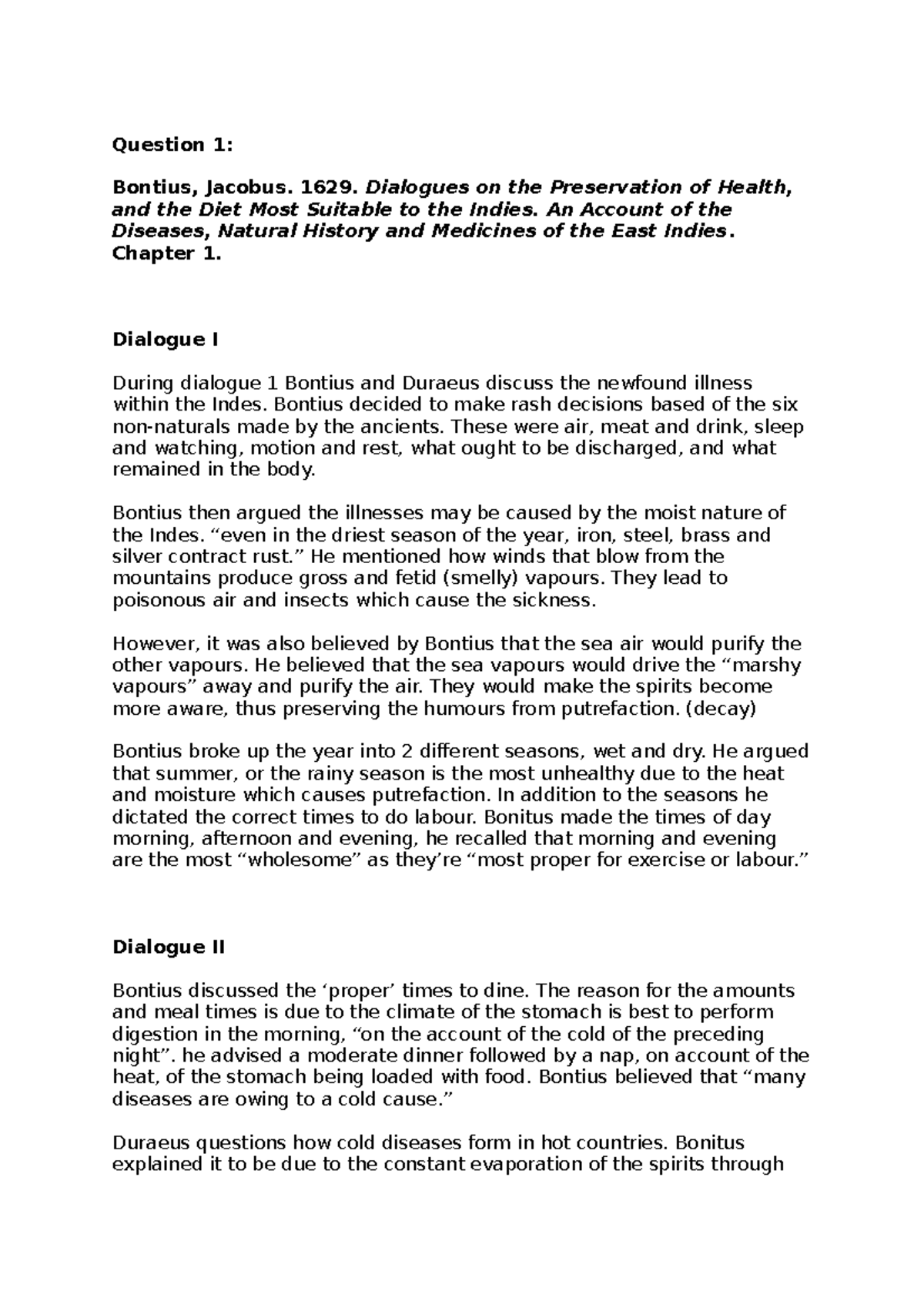 Analysis Plan for Bontius' Dialogues on Health and Diet (HIST 1629 ...