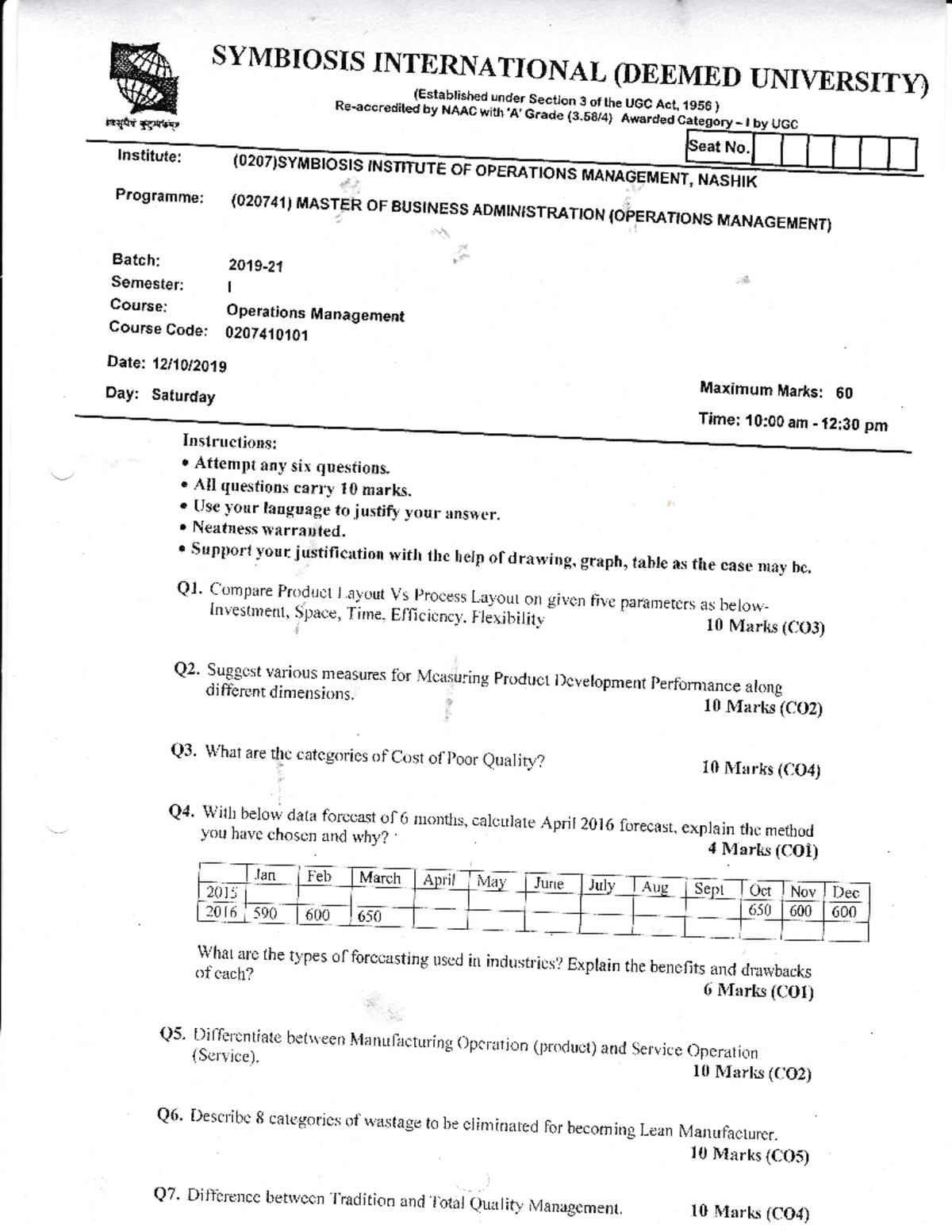 MBA Sem I Operations Management Question Paper (OZO141010) - Studocu