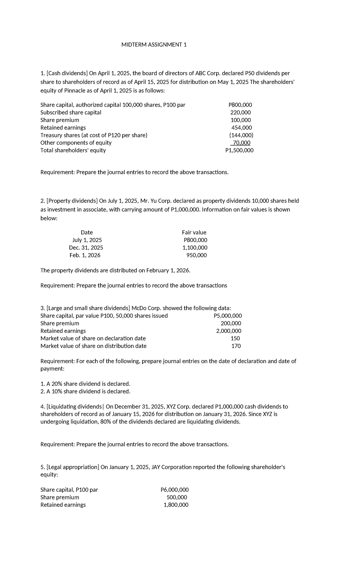 MIDTERM ASSIGNMENT 1: Journal Entries for Dividend Transactions - Studocu