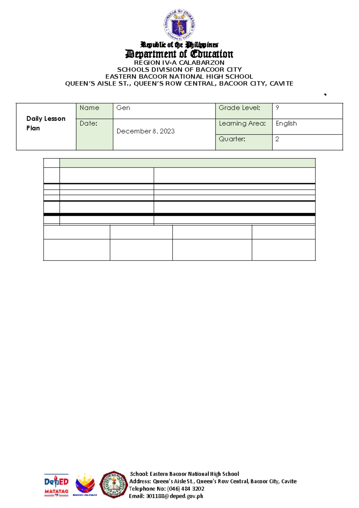 Daily Lesson Plan for Grade 9 English - Q2 Dec 8, 2023 - Studocu