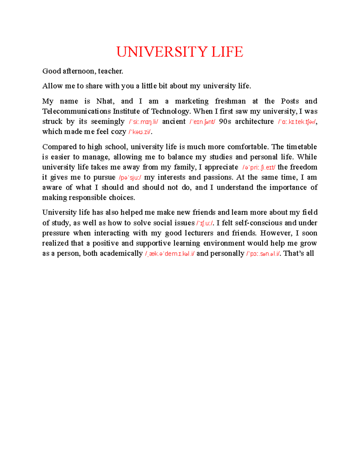 School LIFE - speaking - UNIVERSITY LIFE Good afternoon, teacher. Allow ...