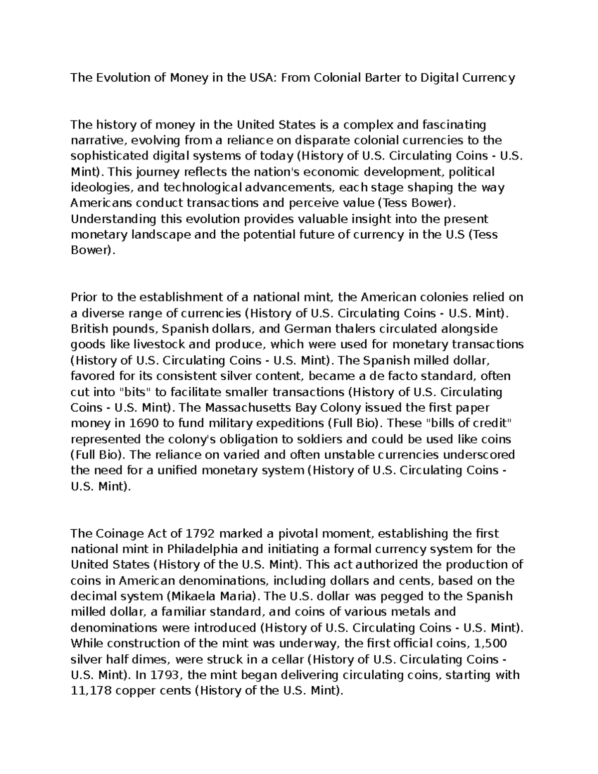The Evolution of Money in the USA - Circulating Coins - U. Mint). This ...