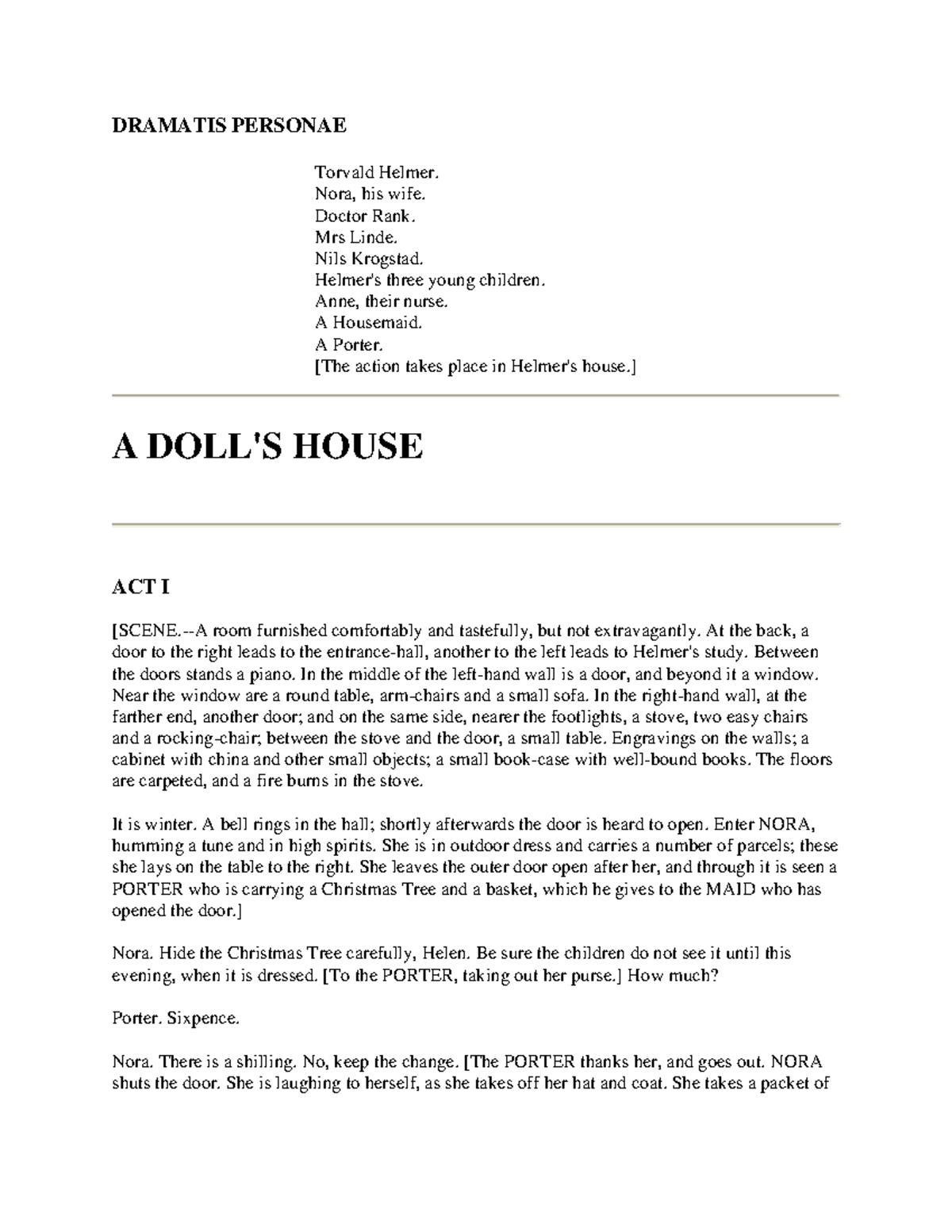 A Doll's House (Course Code: DRAM 101) - Character Analysis & Setting ...
