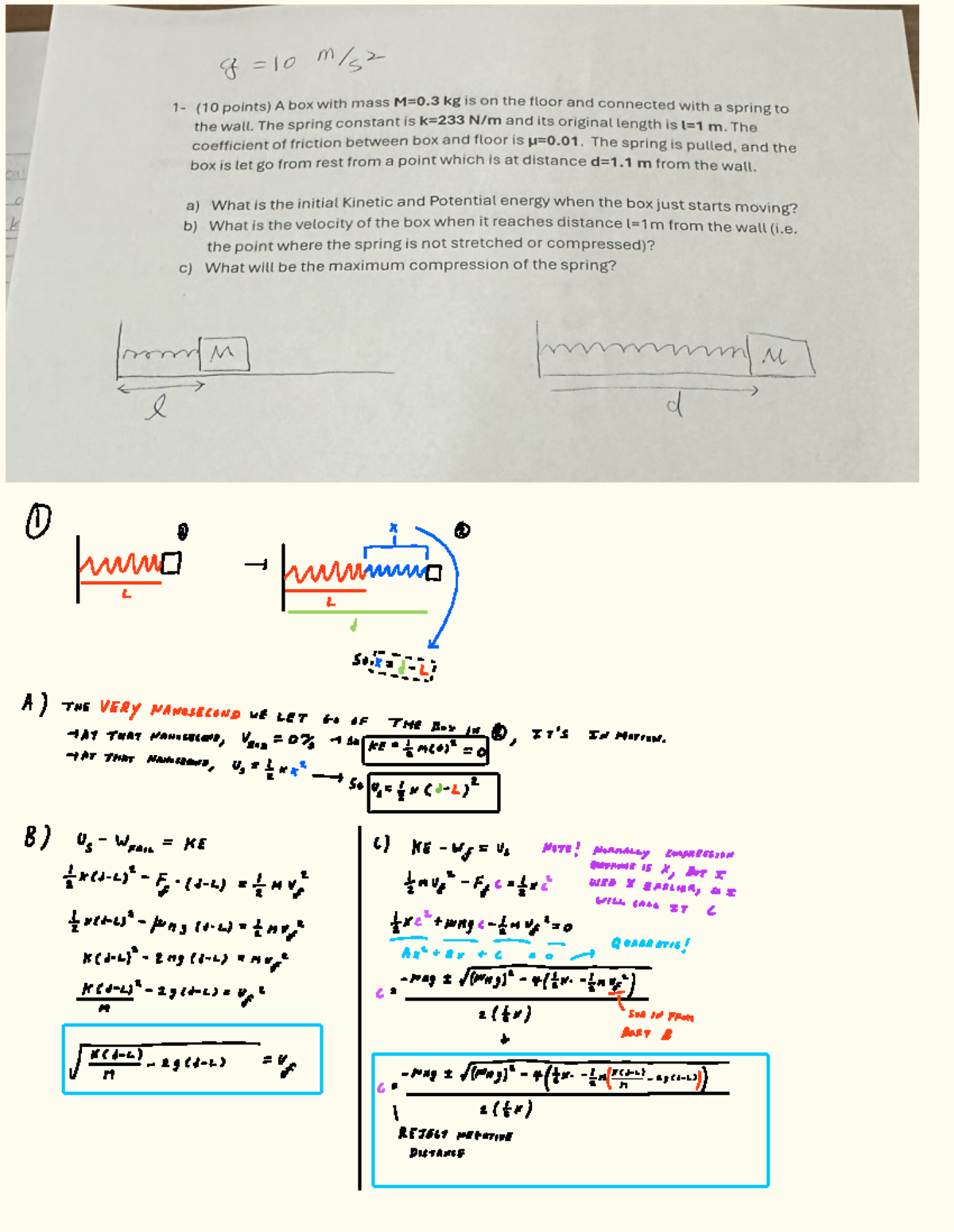 Exam 2 solutions - (10 points) A box with mass is on the floor and connected with a spring to ...