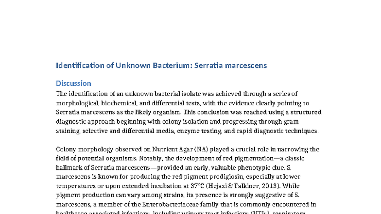 Serratia marcescens Lab Report: Identification of Unknown Bacterium - Studocu