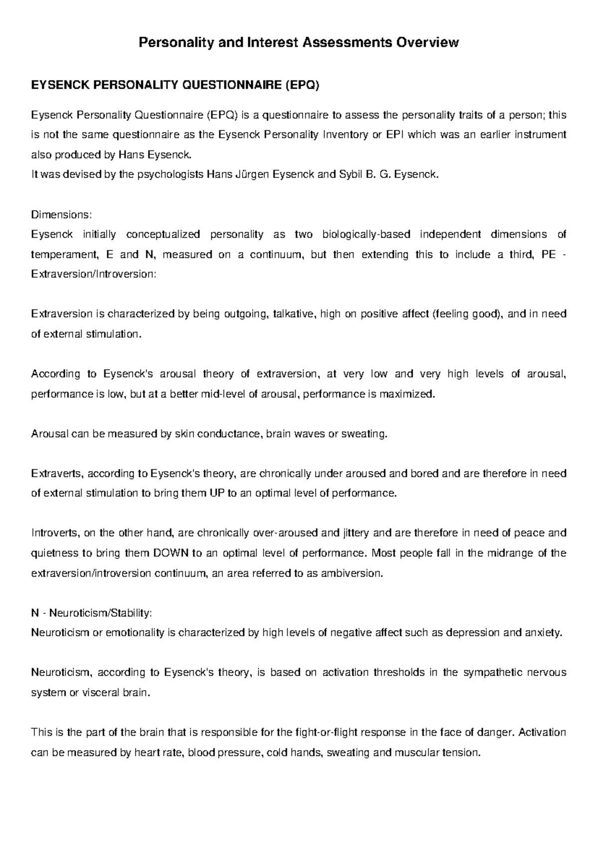 Personality and Interest Assessments Overview: Eysenck Questionnaire ...
