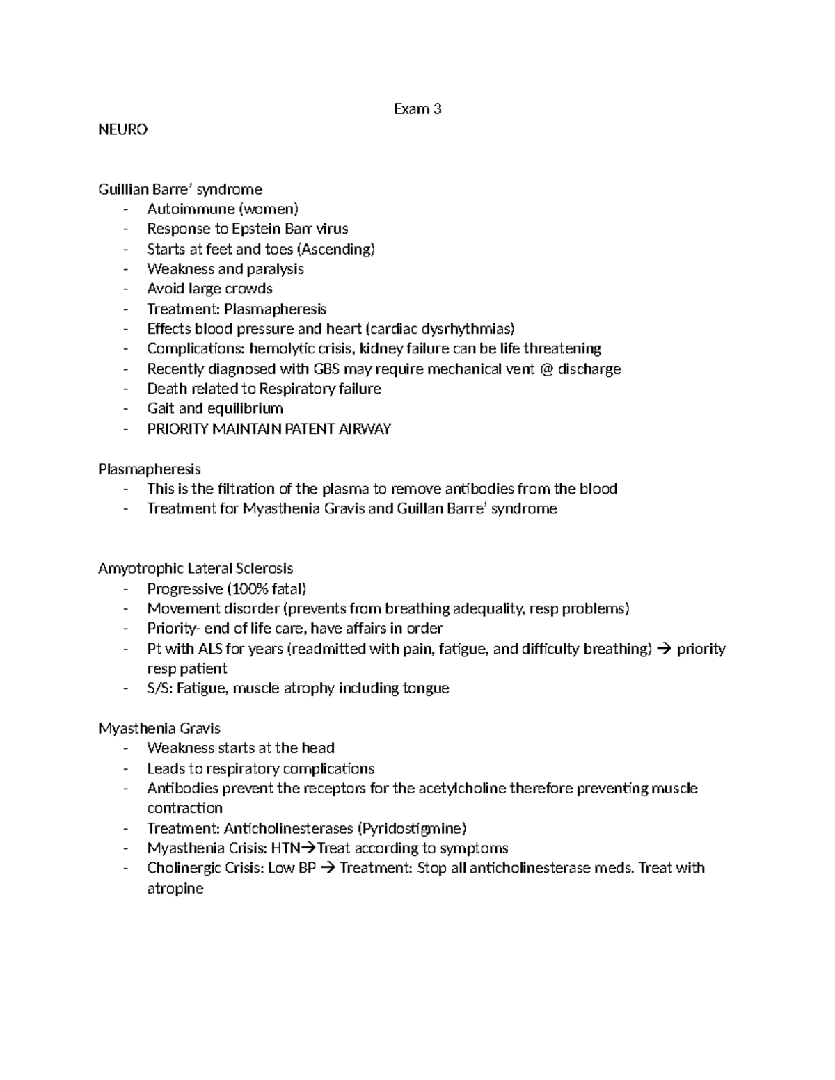 NEURO Exam 3 Lecture Notes: Guillain-Barré Syndrome & Complications ...