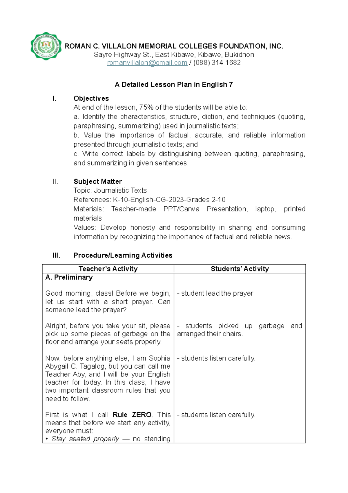 [DLP-G7] Detailed Lesson Plan on Journalistic Texts for English 7 - Studocu