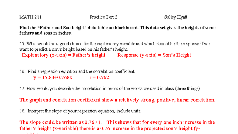 MATH 211 Practice Test 2: Father-Son Height Regression Analysis - Studocu