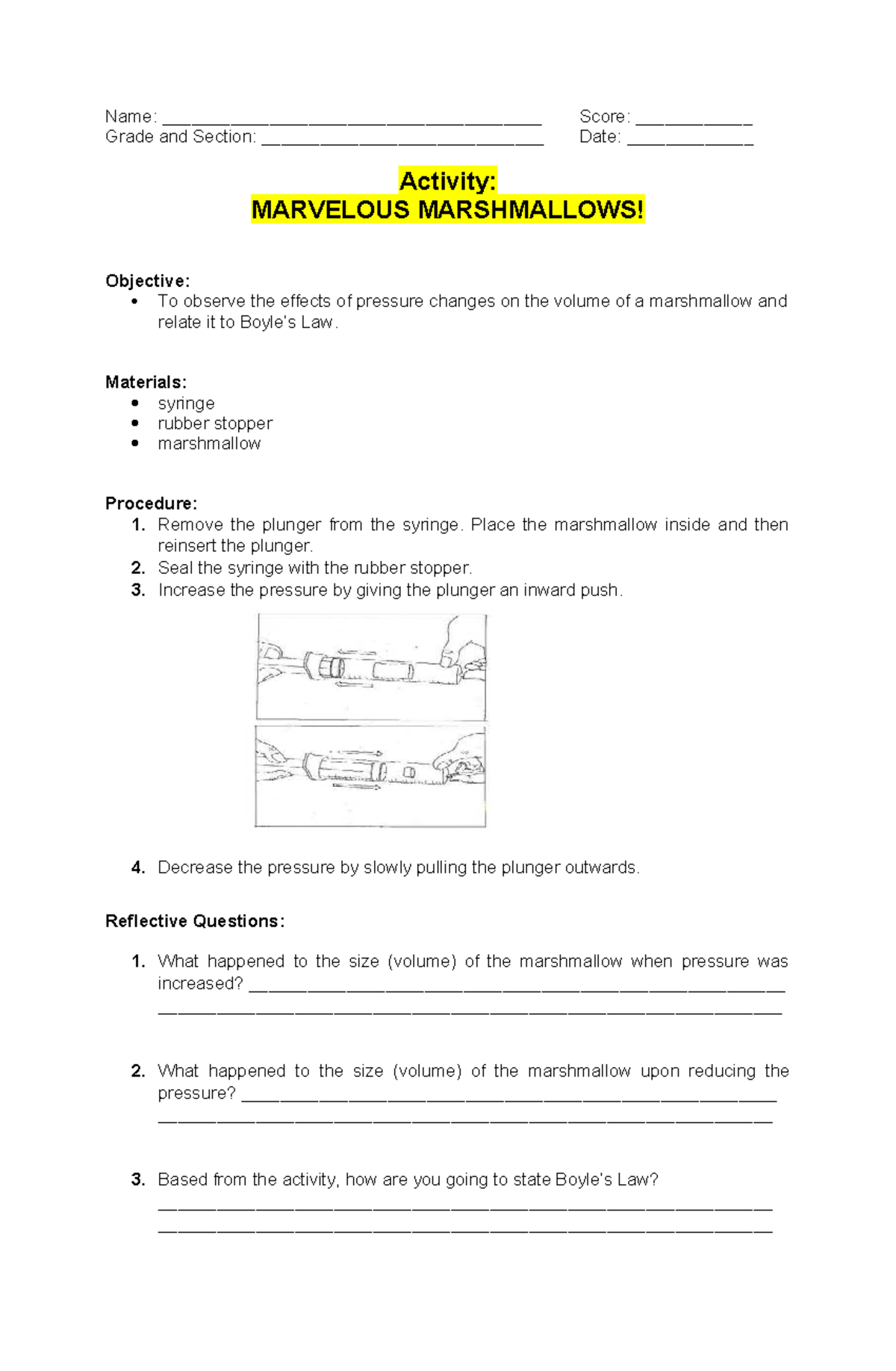 Boyle's Law Activity Sheet: Observing Marshmallow Volume Changes - Studocu