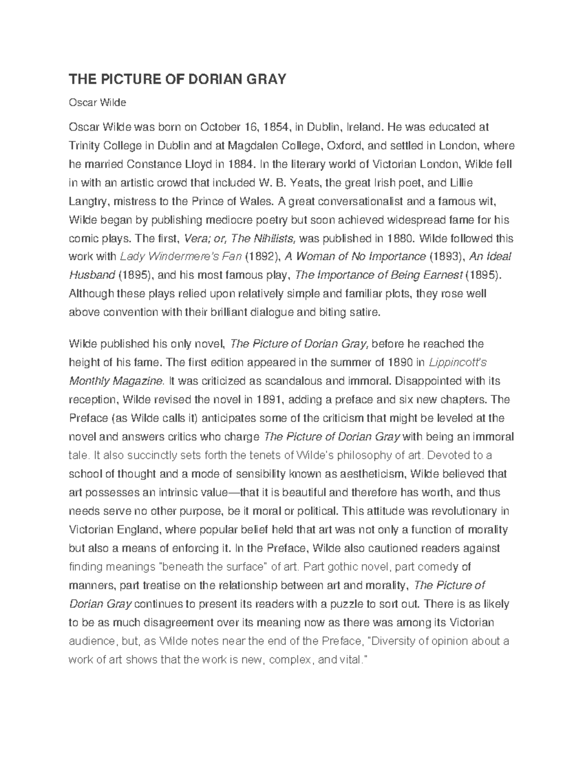 Grade 12 English: The Picture of Dorian Gray Study Notes - Studocu