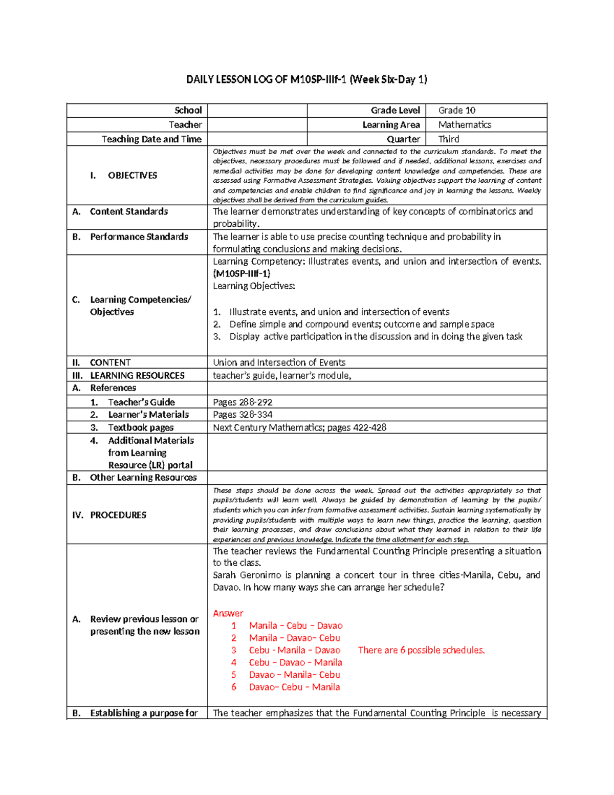 DAILY LESSON LOG: Week 1 - Grade 10 Math (3rd Quarter) - Studocu
