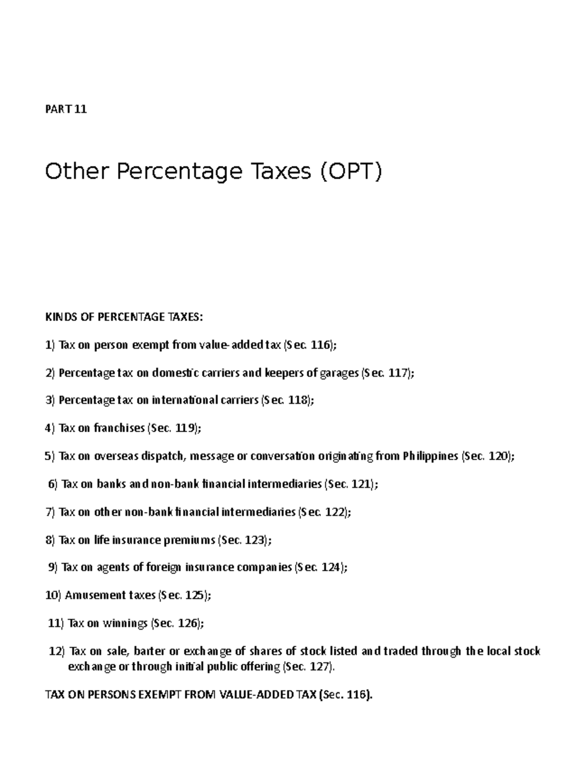 Other Percentage Taxes (OPT) Overview and Key Provisions - Studocu