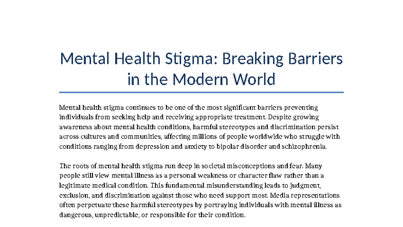 Essay 03 Mental Health Stigma Breaking - Mental Health Stigma: Breaking ...