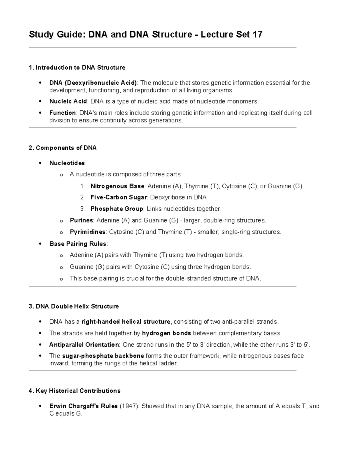 Study Guide: DNA Structure and Function - Lecture Set 17 - Studocu