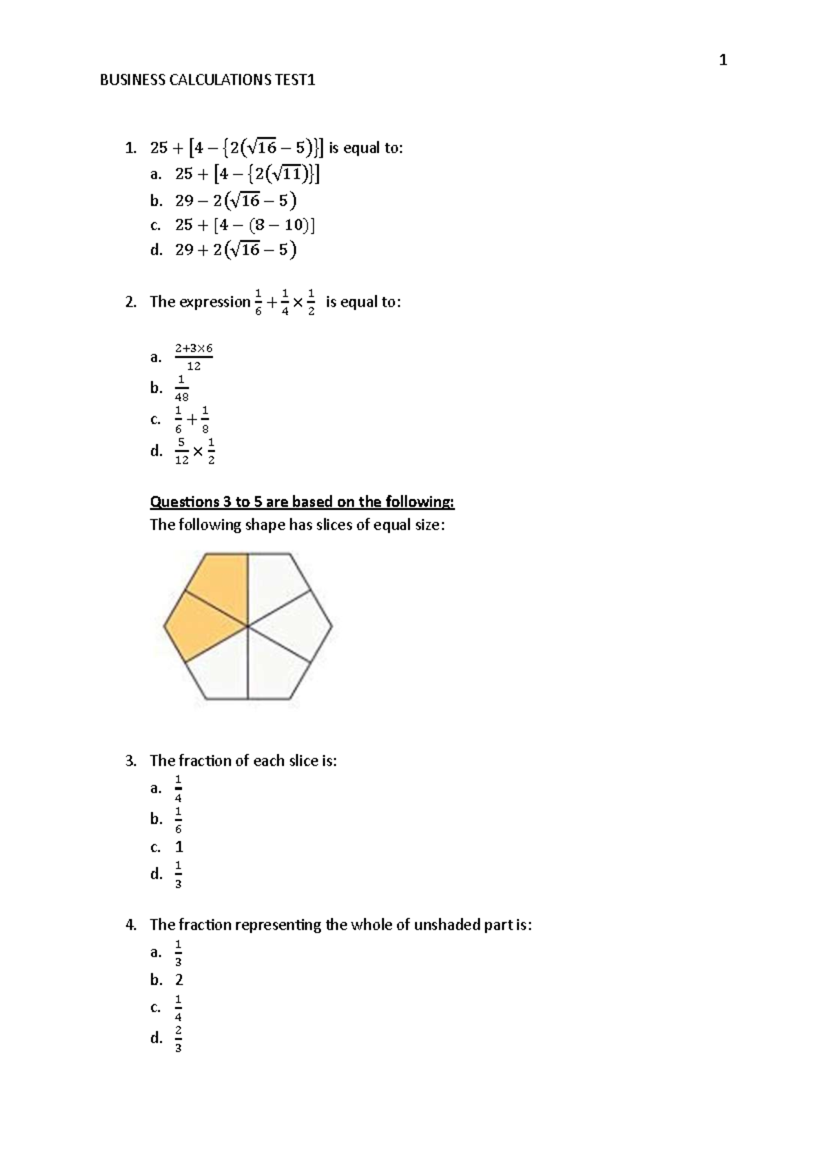 BUSINESS CALCULATIONS TEST1 2025 SEM1 - Exercise Questions - Studocu