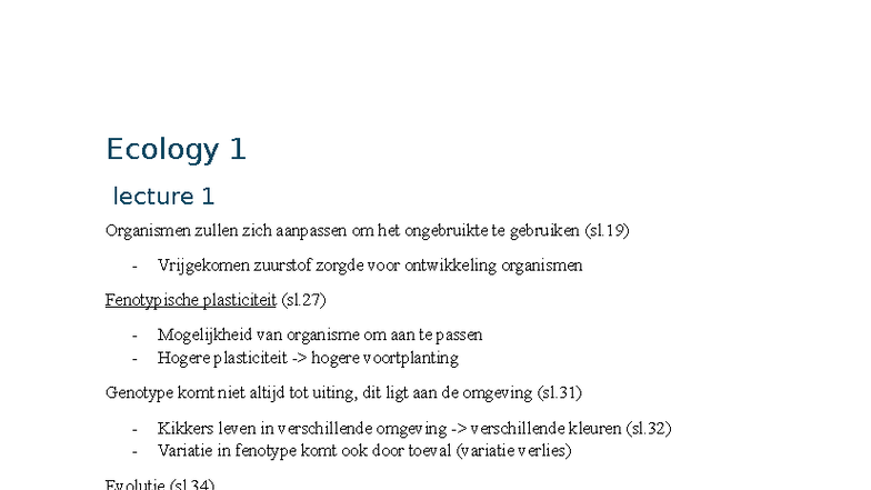 Ecology 1: Lecture 1 Notes on Adaptation and Evolution - Studeersnel