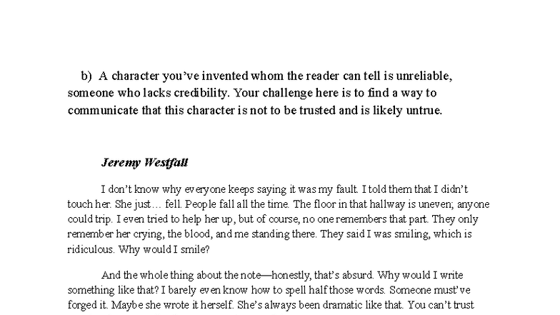 Character Analysis: Unreliable Narrator in Class #4 Assignment - Studocu