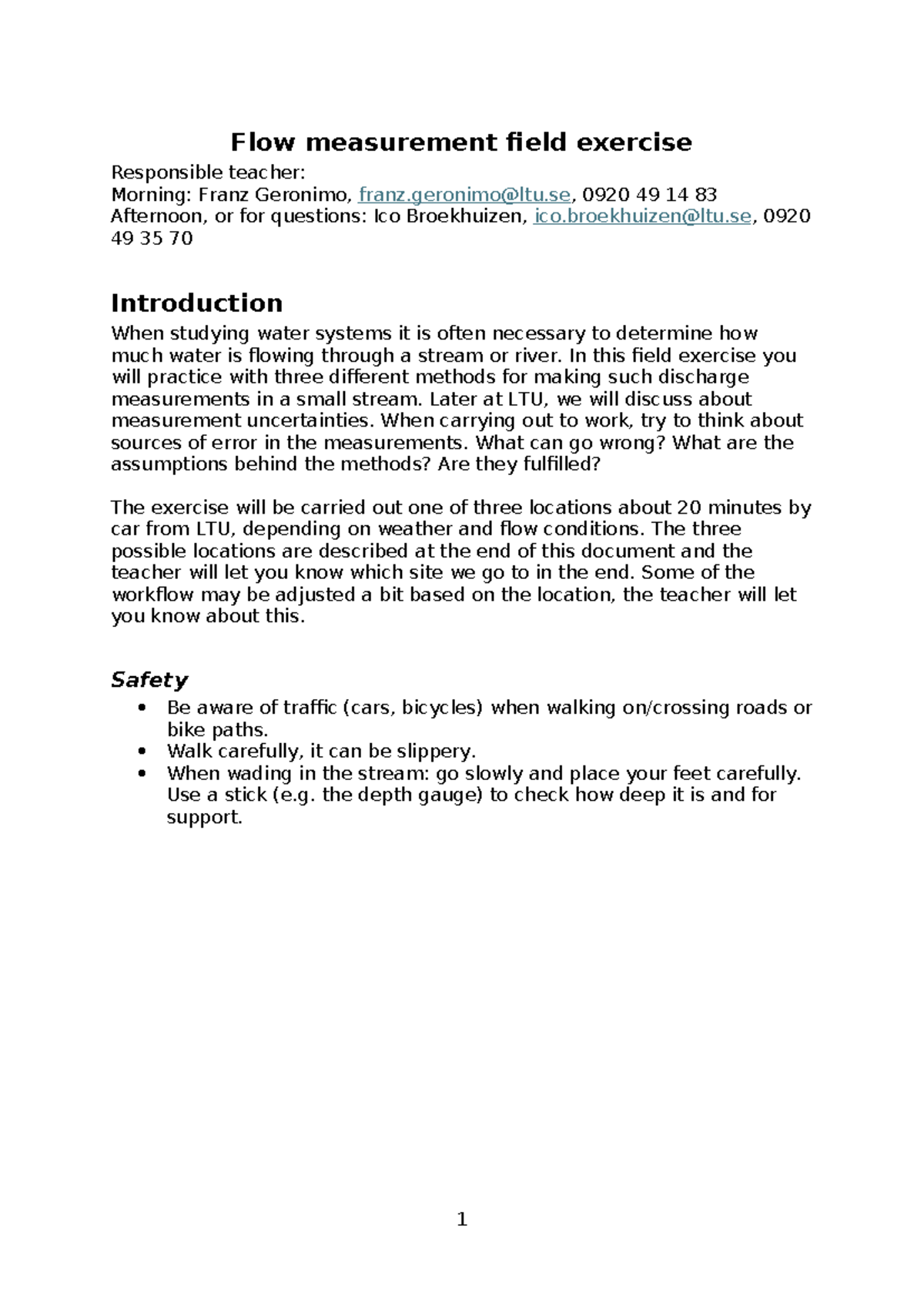 2025H Field Exercise: Flow Measurement Techniques and Safety - Studocu
