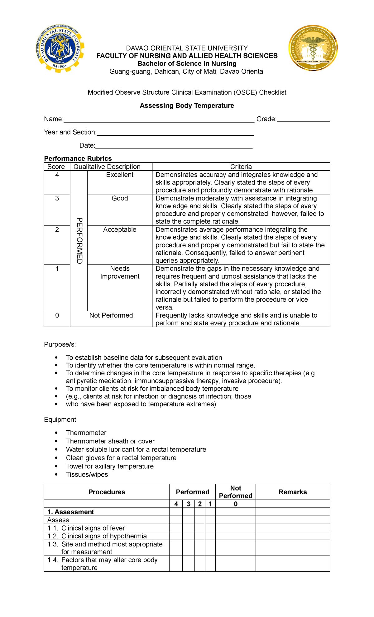 Assessing Body Temperature: Modified OSCE Checklist for Nursing ...
