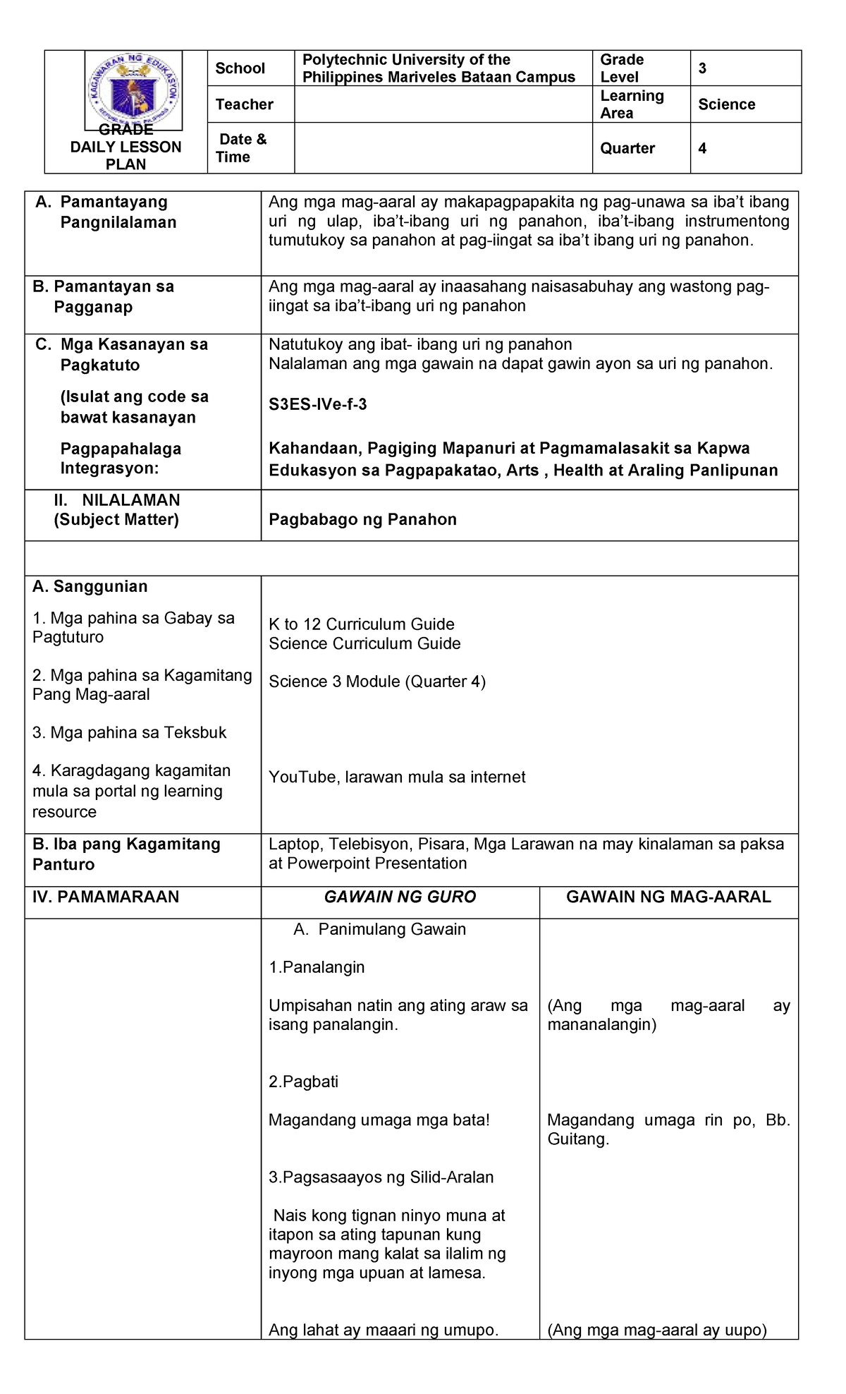 Final Lesson Plan for Grade 3 Science: Understanding Weather Patterns ...