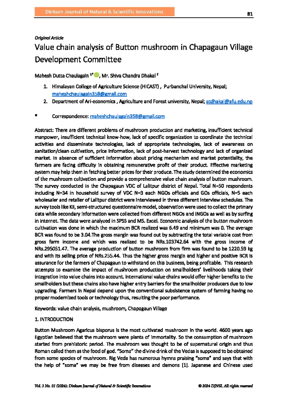 Value Chain Analysis of Button Mushroom in Chapagaun VDC - HICAST - Studocu